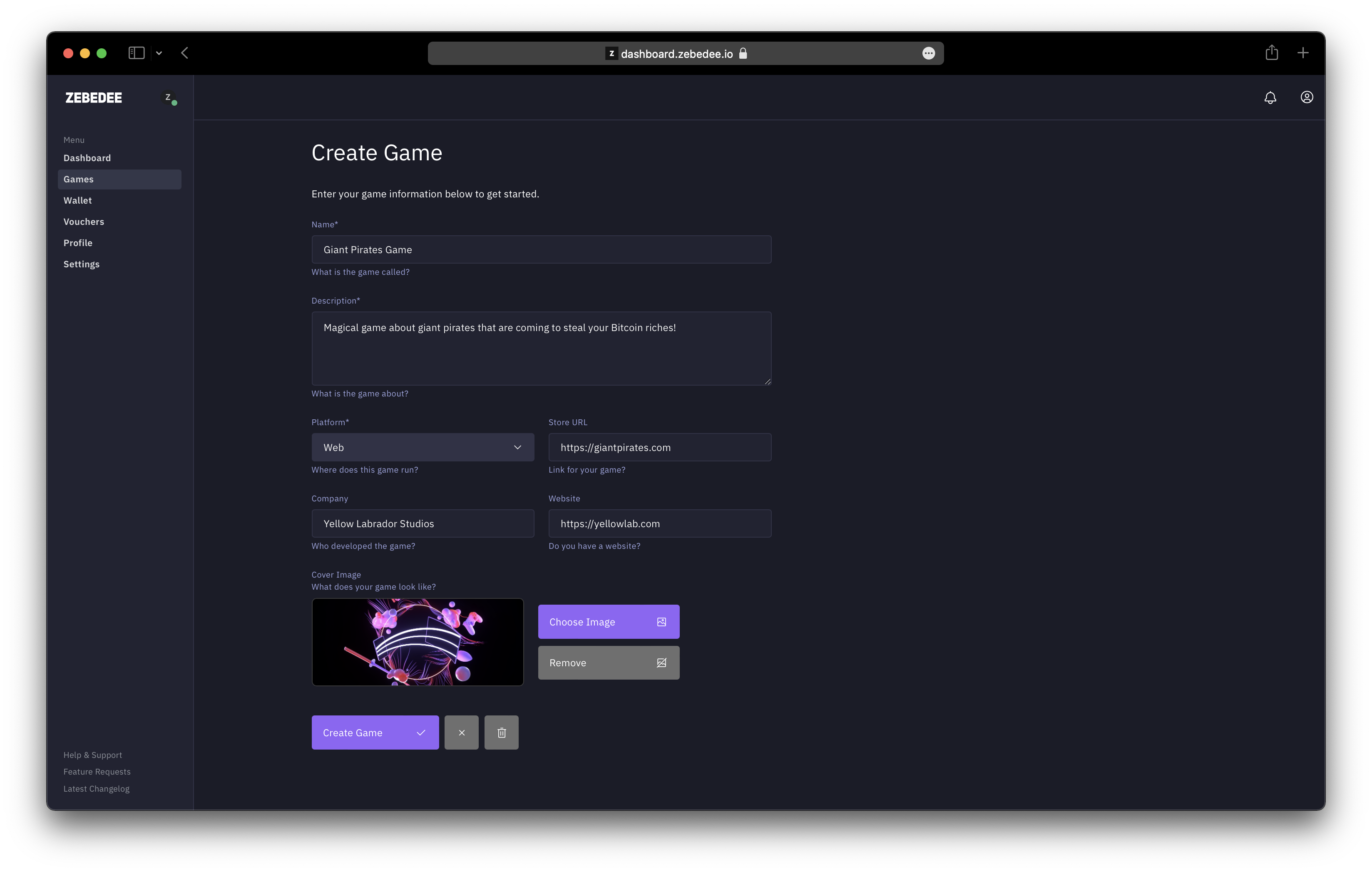 Create Game ZEBEDEE